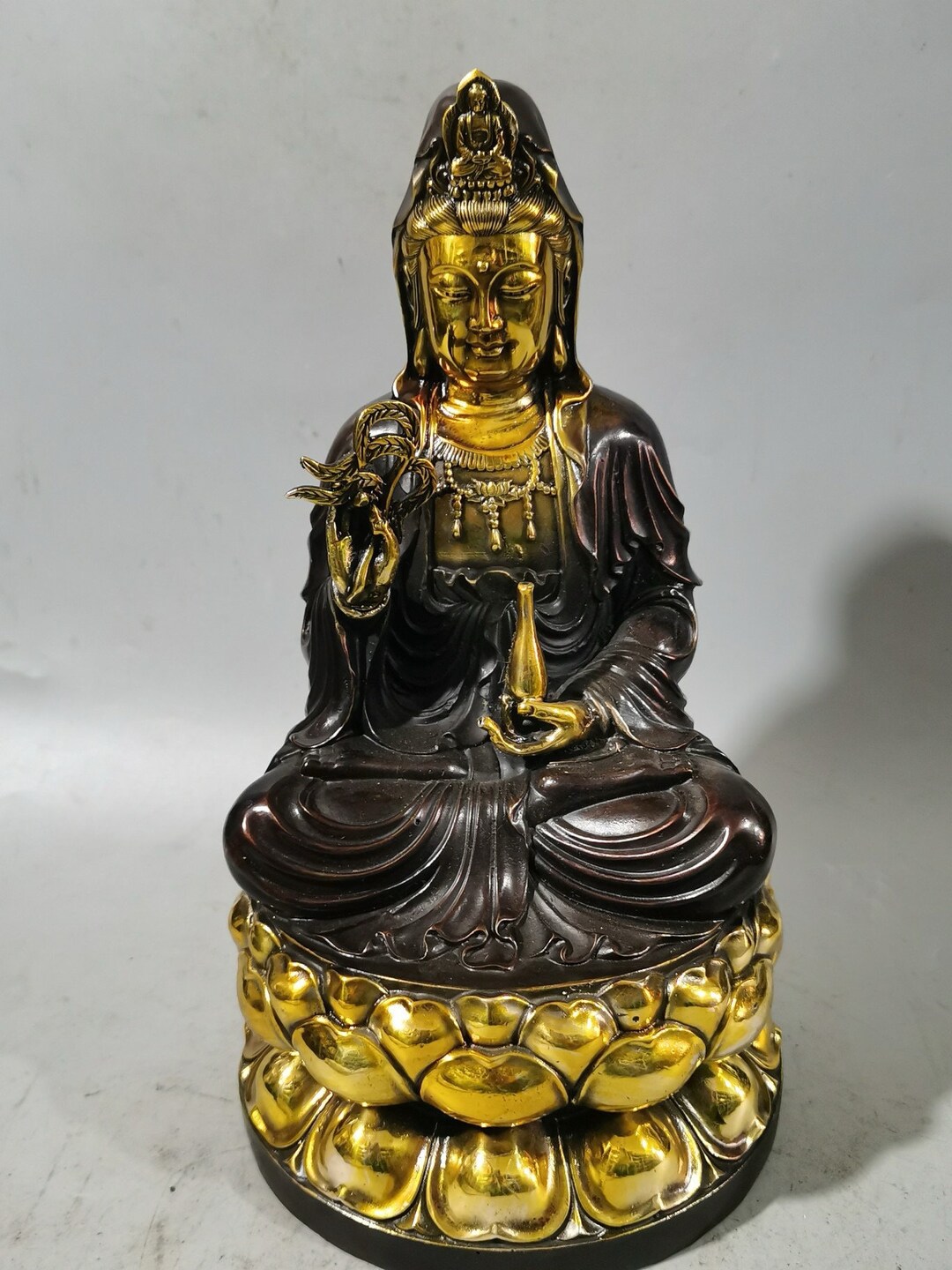 Chinese Antique Hand-made Exquisite and Rare Pure Gilt Copper Guanyin ...