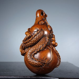 Exquisite Rare Dragon Gourd Statue Ornament Hand Carved Chinese Boxwood ...