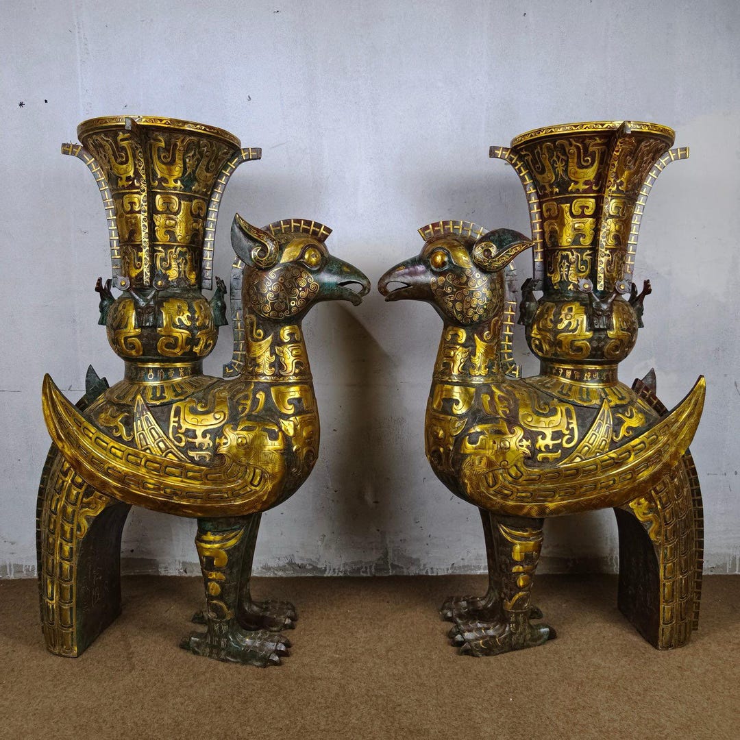 A Pair of Antique Chinese Handmade Large Exquisite Rare Bronze Inlaid ...