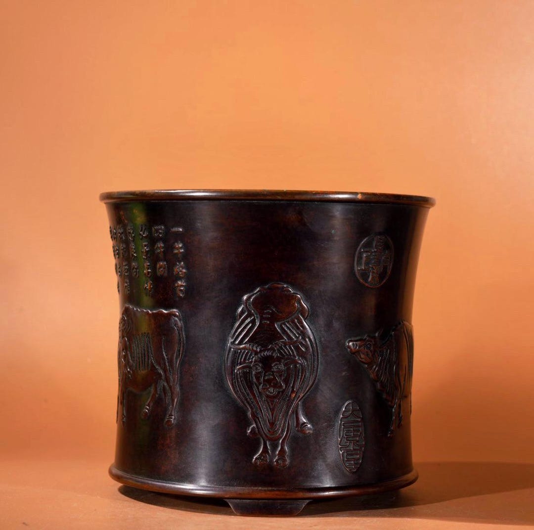 Exquisite and Rare Antique Chinese Handcrafted Pure Copper Relief Five ...