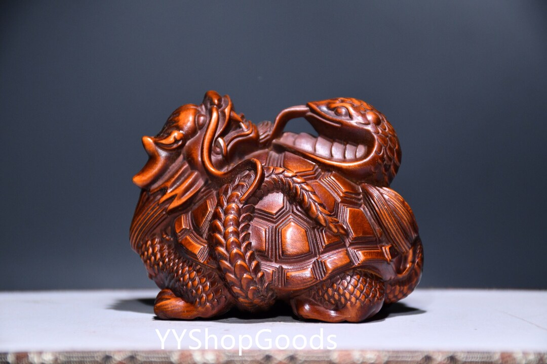 Chinese Natural Boxwood Pure Hand-carved Exquisite Basalt Dragon Turtle ...
