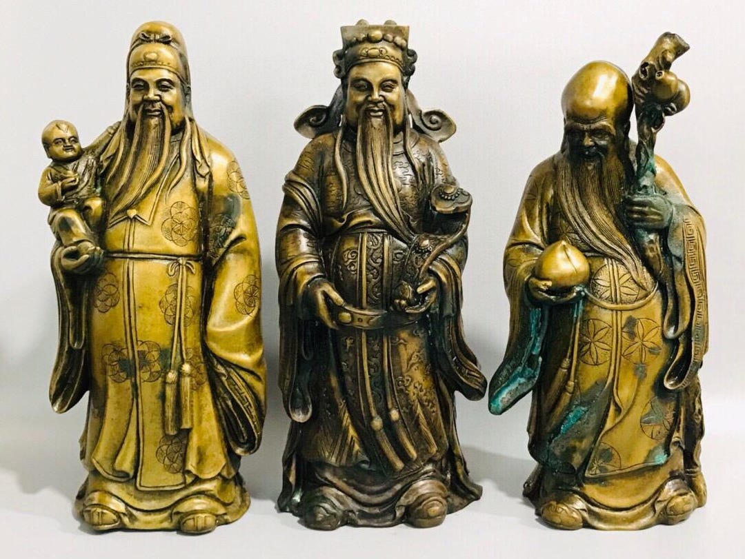 A Set of Exquisite and Rare Pure Copper Statues of Fu Lu Shou Made by ...