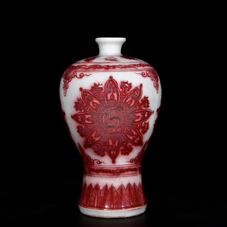 Exquisite and Rare Chinese Antique Plum Vase With Underglaze Red Lotus ...
