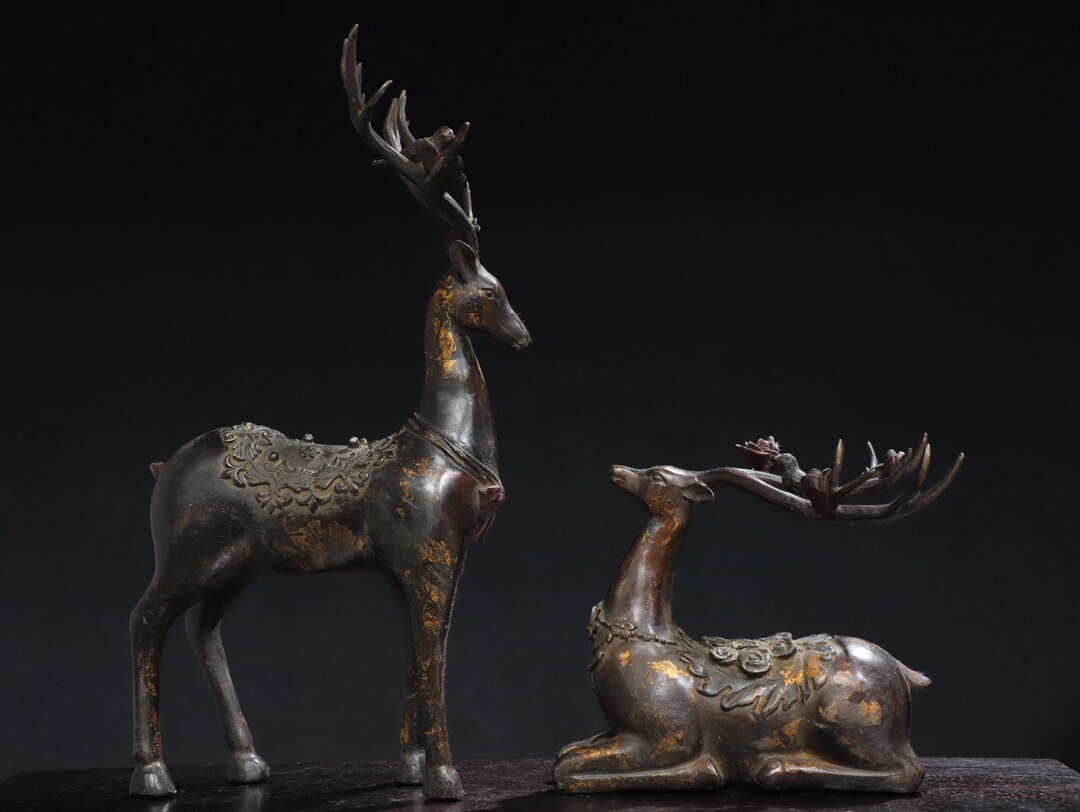 A Pair of Exquisite and Rare Pure Copper Gold-plated Lucky Deer Statues ...