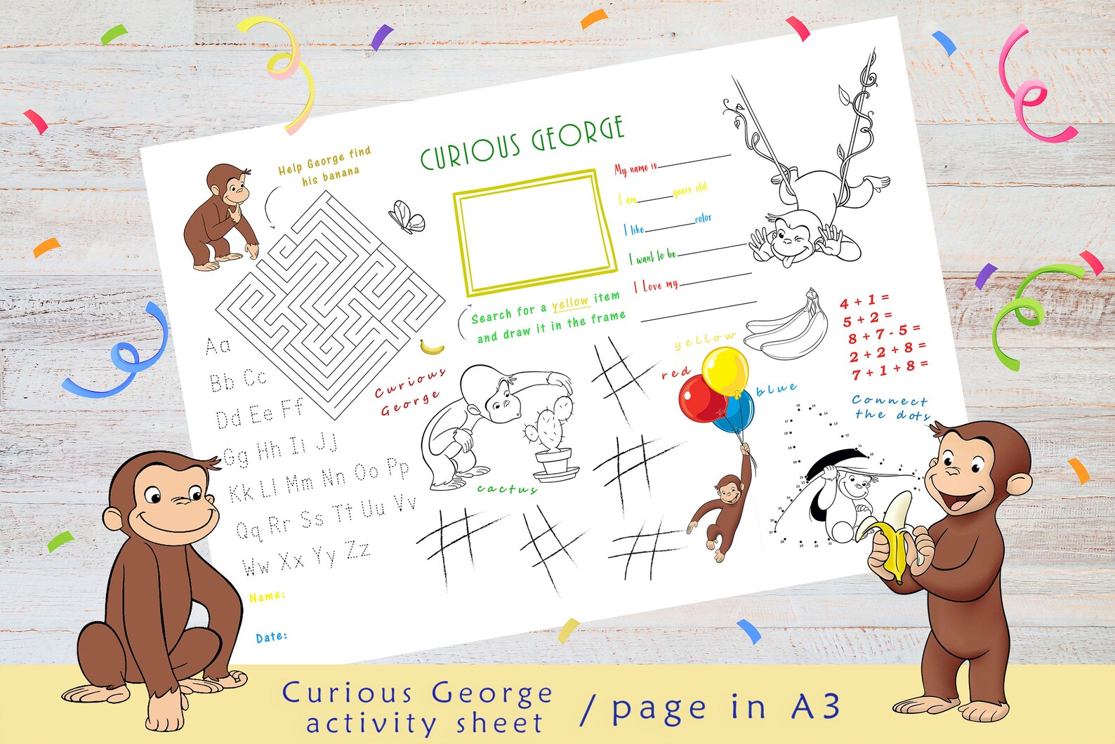 Curious George Printable Activities Coloring Page Kids | Etsy