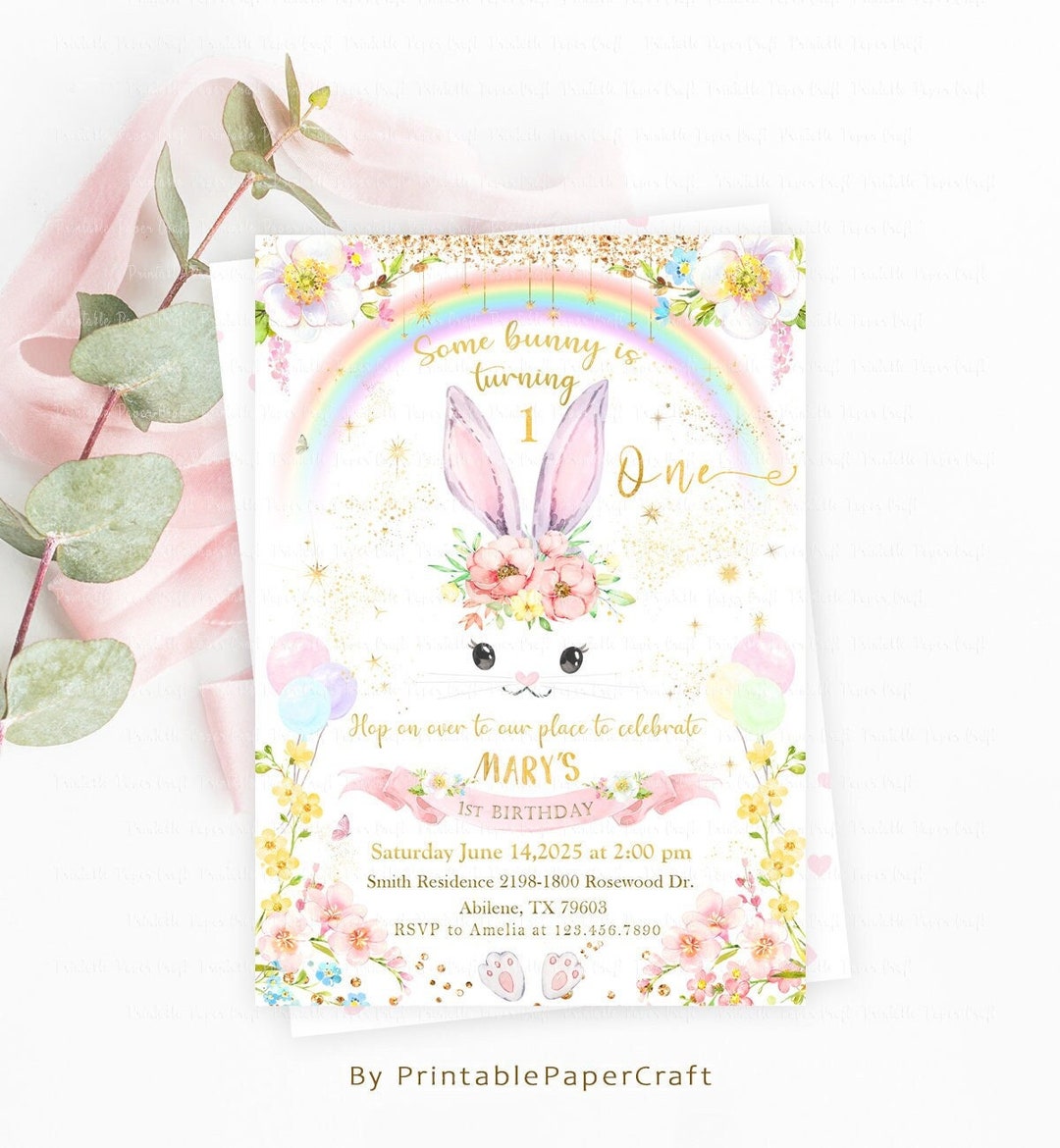 Rainbow Bunny Birthday Invitation, Bunny First Birthday Invite, Rainbow ...