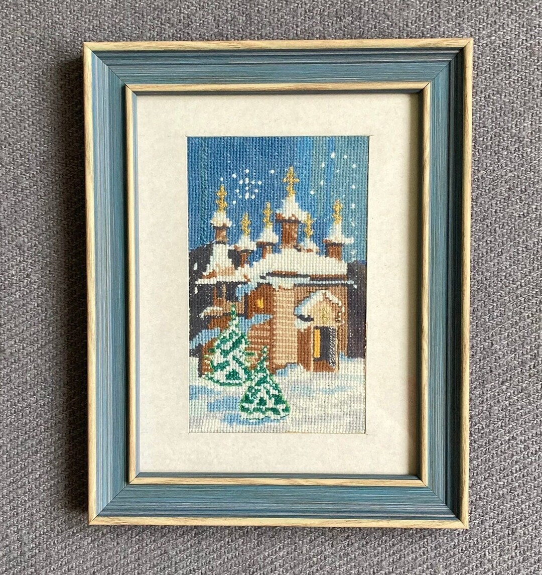 Church in Snow Completed Cross Stitch Christmas Scene Vintage Christmas ...