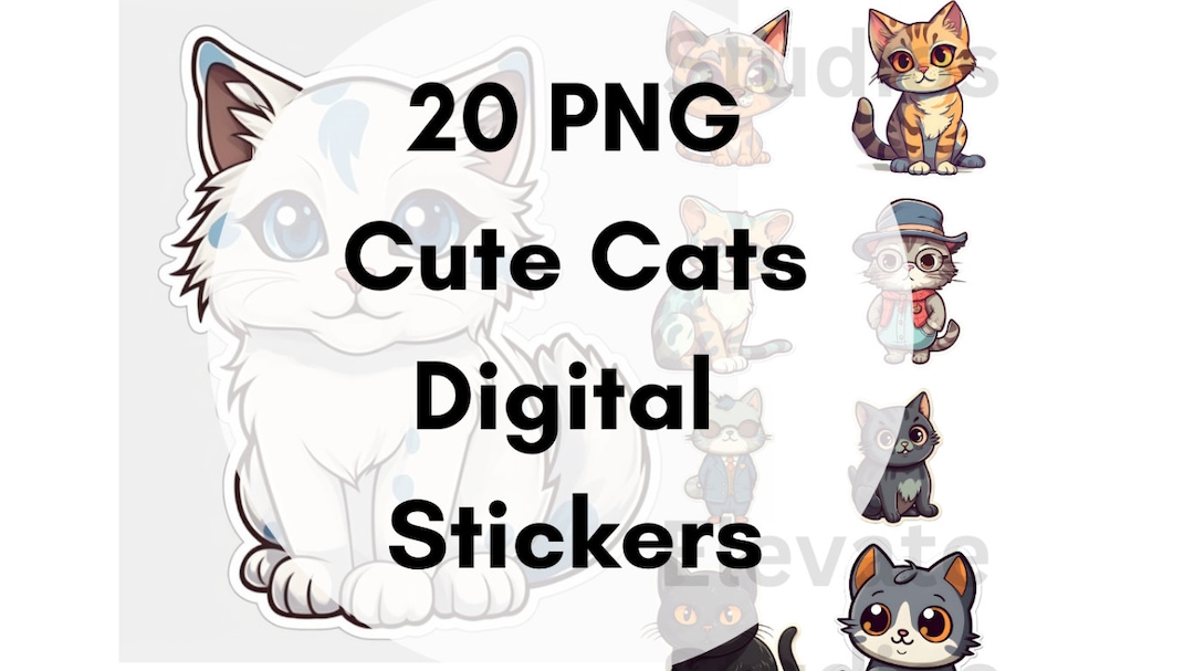 20 Cute Cats Print and Cut Digital PNG Stickers, 20 Different Designs ...
