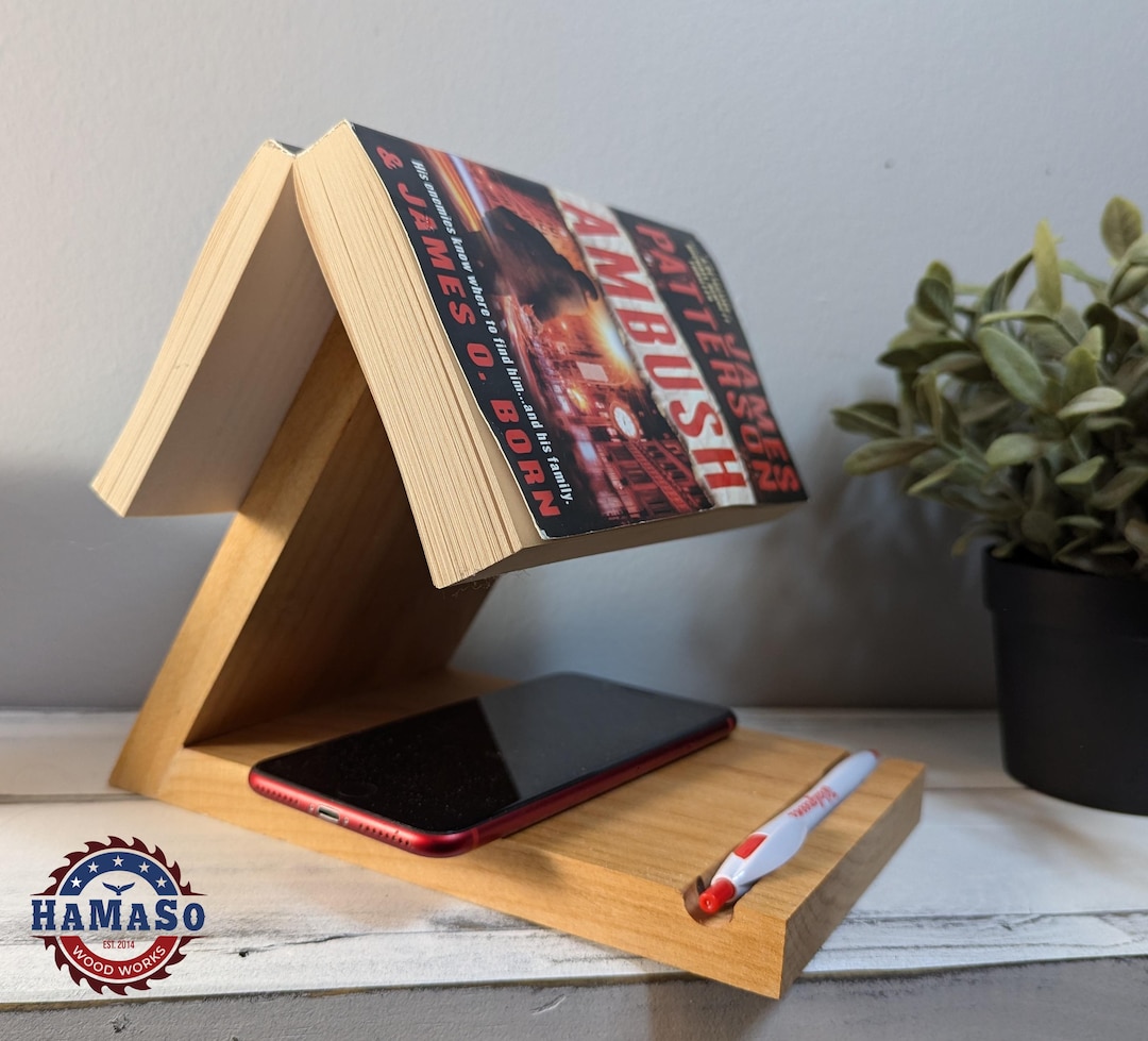 Oak Book Rest Stand: Modern Bedside Book Valet With Phone Dock - Etsy