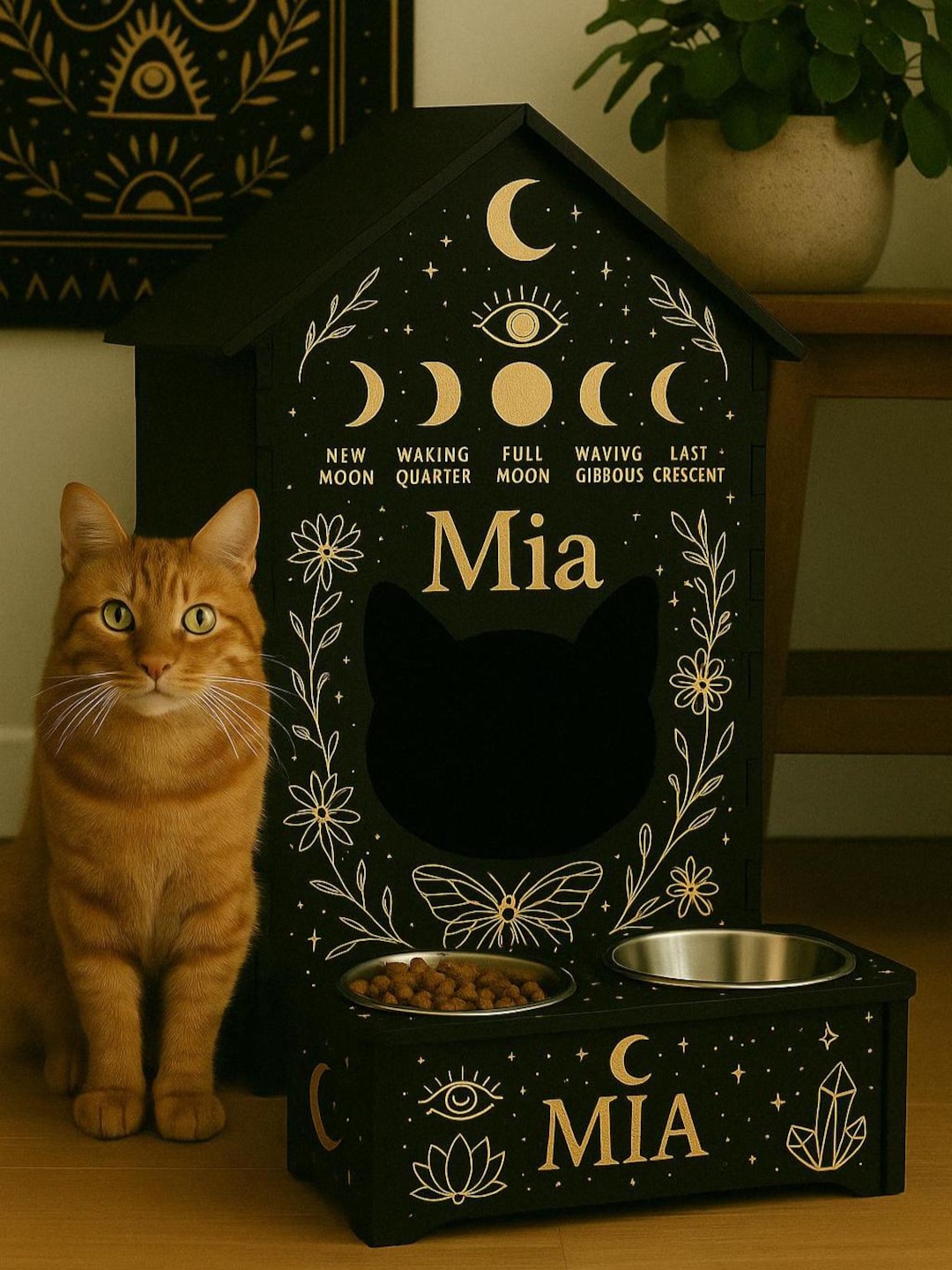 Mystical Boho Cat House With Moon Phases – Personalized Wooden Cat Bed ...