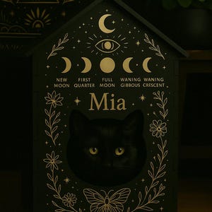 Mystical Boho Cat House With Moon Phases – Personalized Wooden Cat Bed ...
