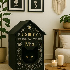 Mystical Boho Cat House With Moon Phases – Personalized Wooden Cat Bed ...