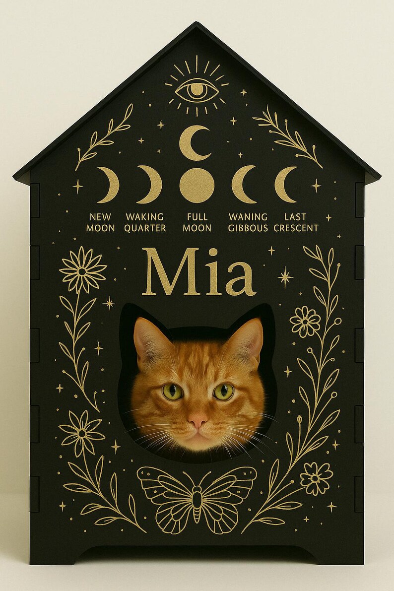 Mystical Boho Cat House With Moon Phases – Personalized Wooden Cat Bed ...