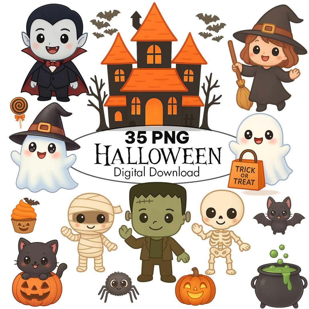 Halloween Clipart Bundle PNG | Cute Ghost Witch Vampire Mummy Skeleton ...