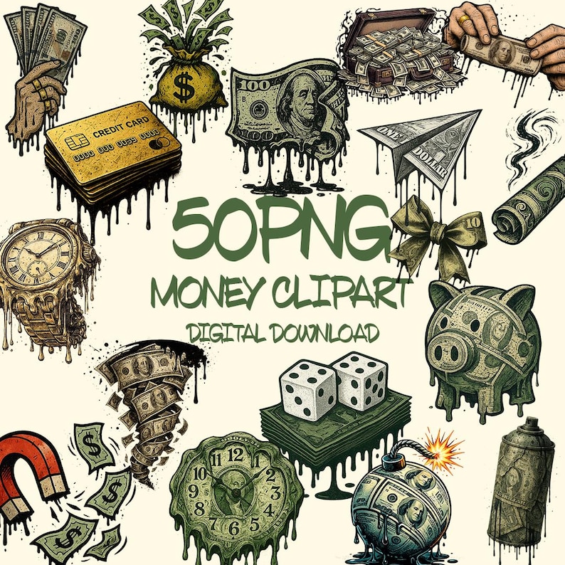 Grunge Money Clipart | 50 PNG Illustrations (digital Download) - Etsy