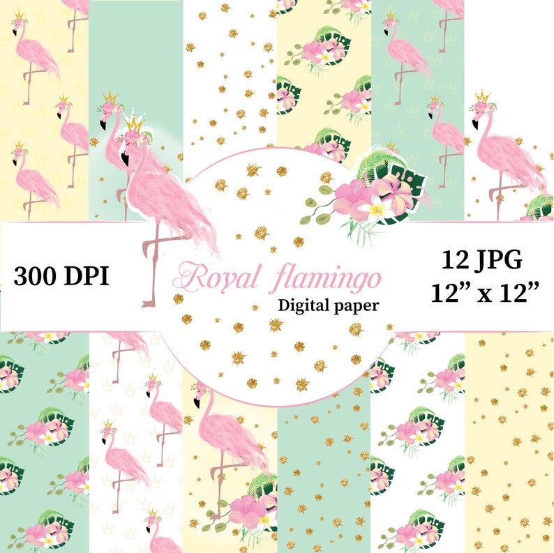 Flamingo Digital Paper Pink Green Mint White Flowers Printable - Etsy