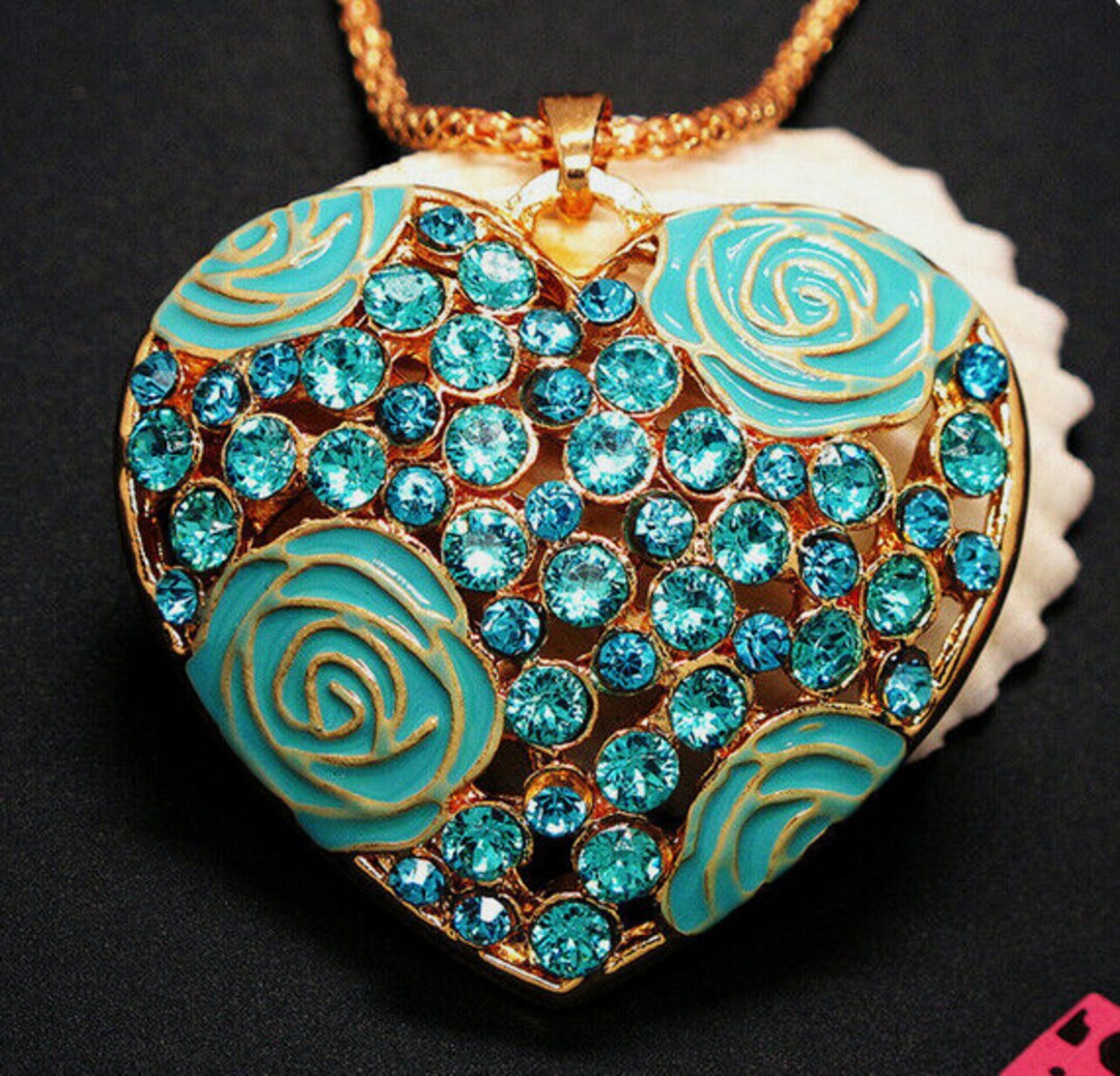 Betsey Johnson Cyan Shiny Rose Heart Crystal Fashion Lady Pendant Sweater Necklace - Etsy