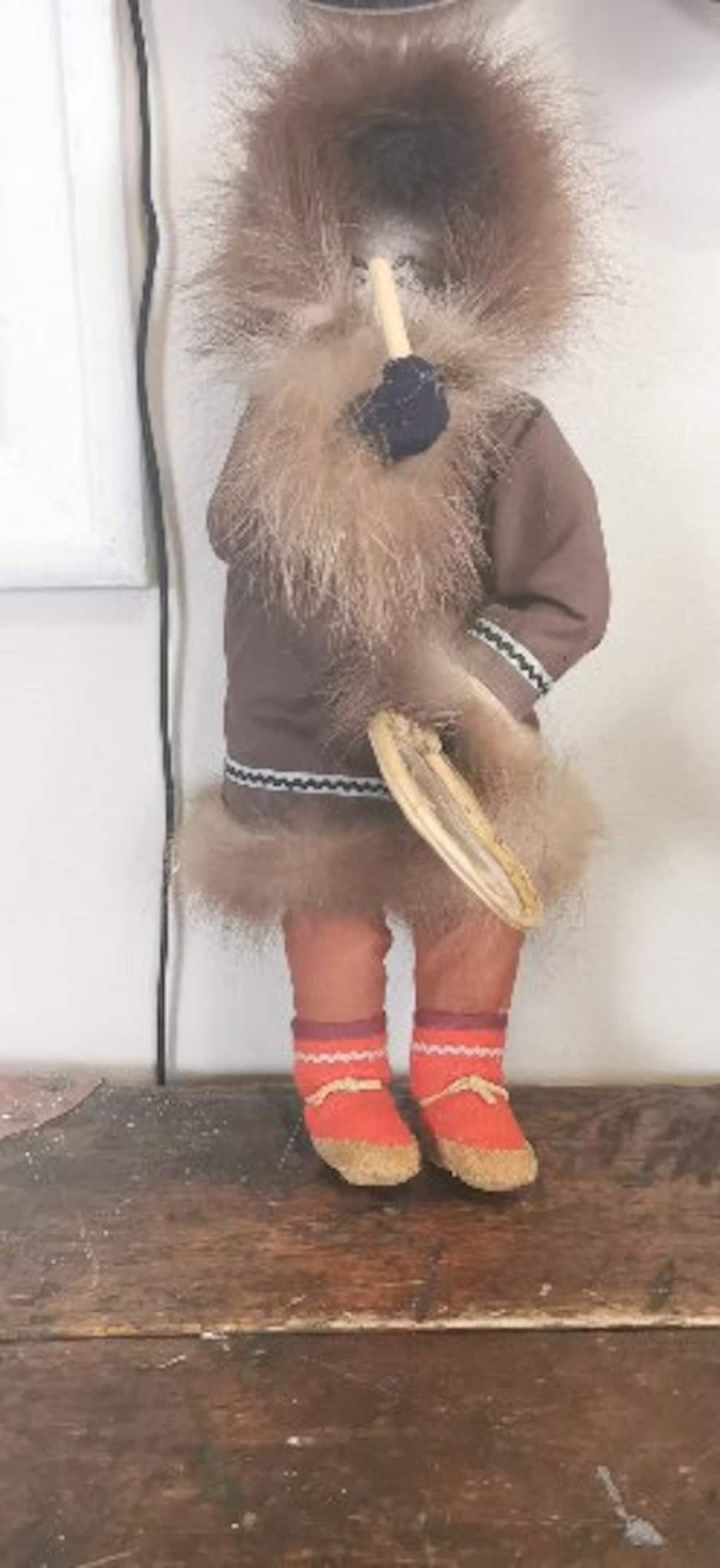 RARE Handmade Inuit Doll, Traditional Skin Drum Figure, Collectible Art ...