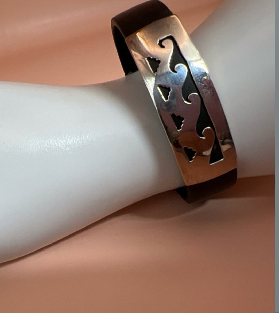 Sterling & Black Rubber Aztec Design Bracelet, Taxco Mexico Jewelry,925 ...