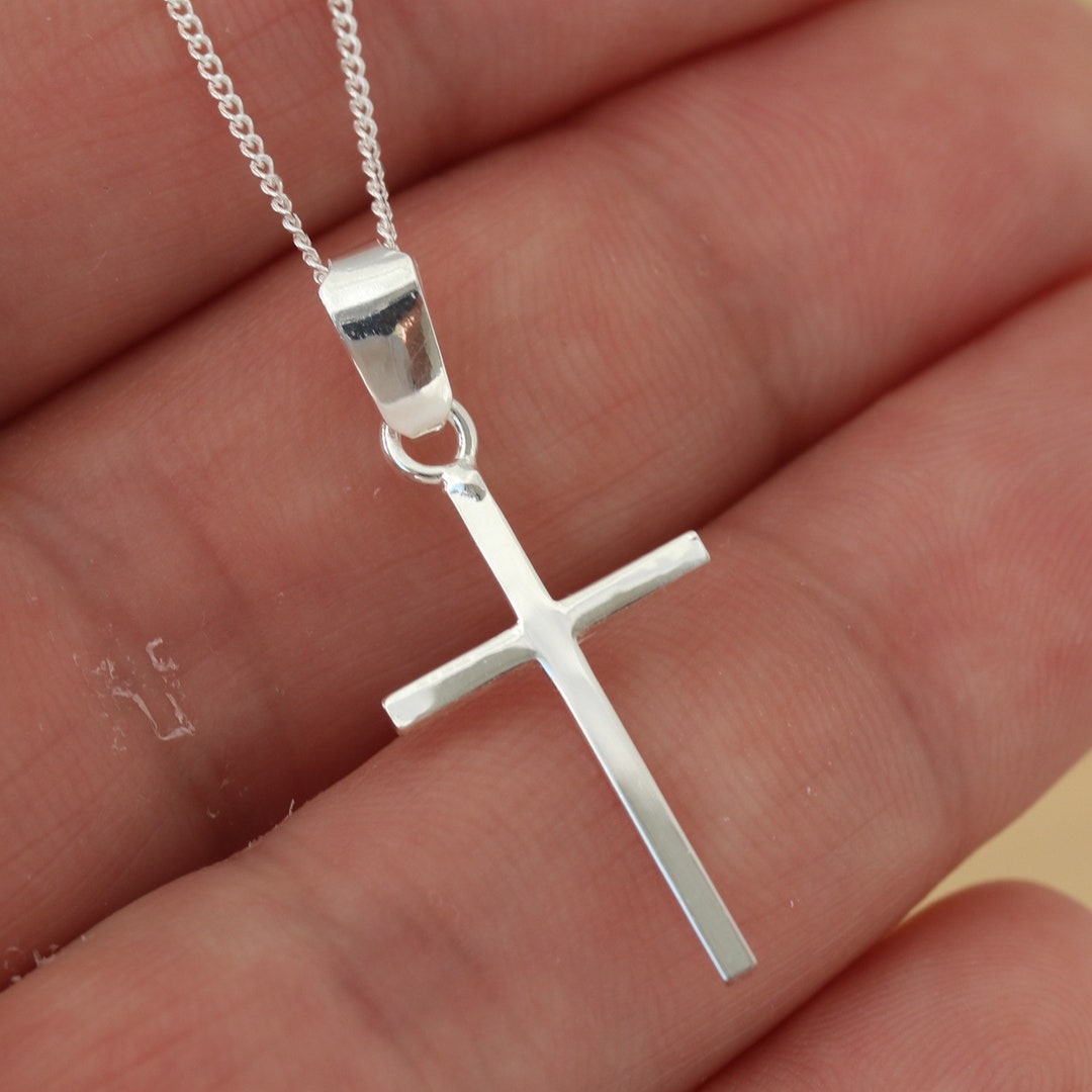 Solid 925 Sterling Silver Plain Cross Crucifix Pendant Chain Necklace ...
