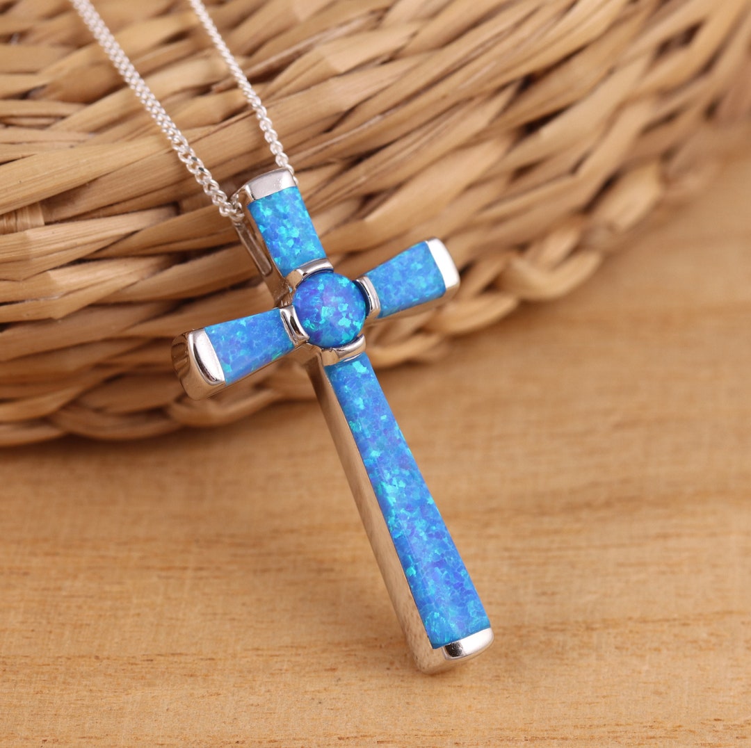 925 Sterling Silver Blue Opal Cross Pendant Necklace Curb Chain 16 30 ...