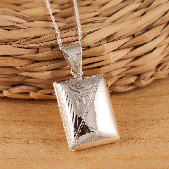 Solid 925 Sterling Silver Rectangular Engraved Photo Locket Pendant Necklace Gift Box