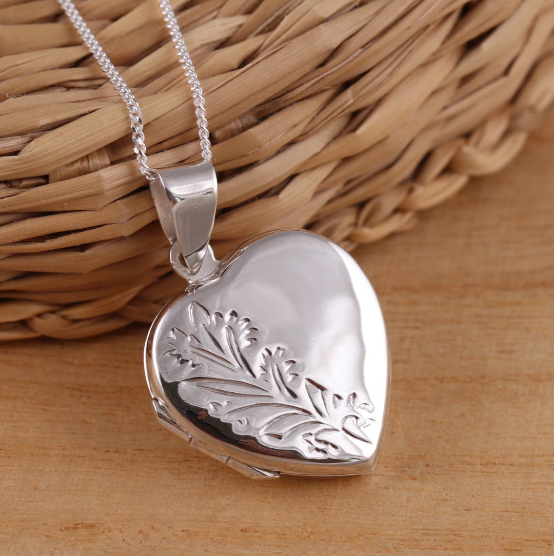 925 Sterling Silver Engraved Heart Photo Locket Pendant Necklace Curb ...
