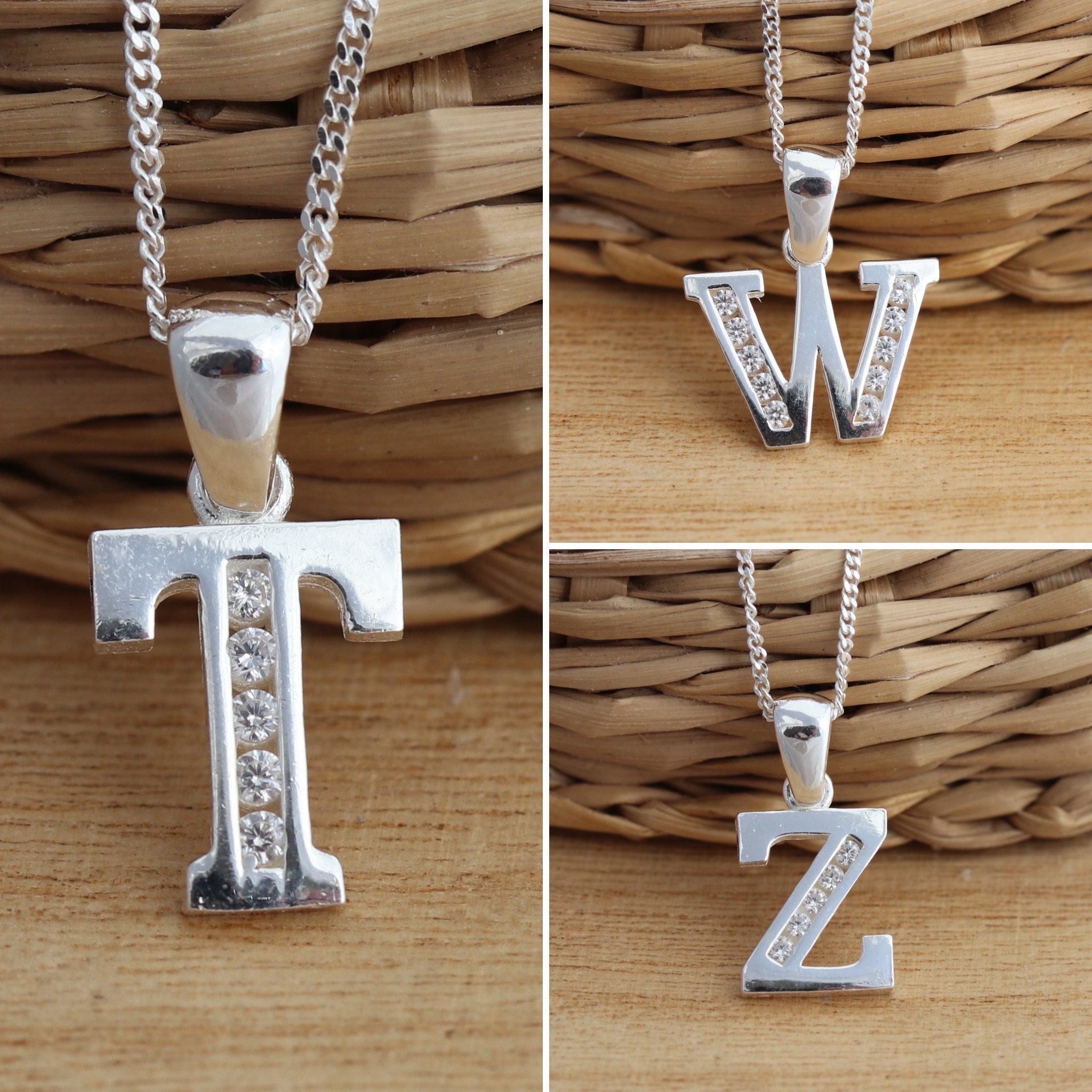 Solid 925 Sterling Silver CZ Letter Initial A-Z Alphabet Pendant Charm ...