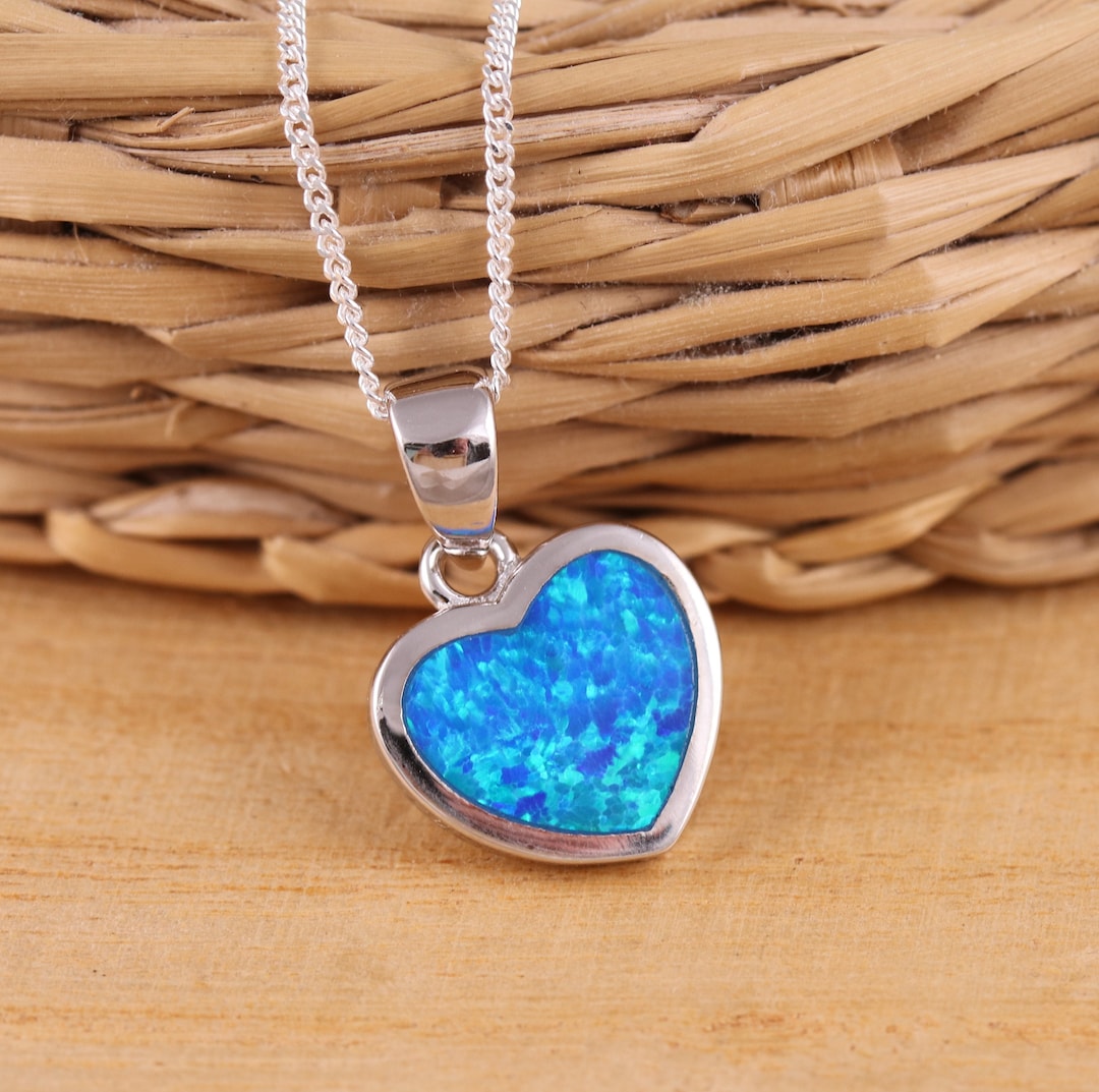 Heart Opal Necklace 925 Sterling Silver Blue Opal Heart Pendant ...
