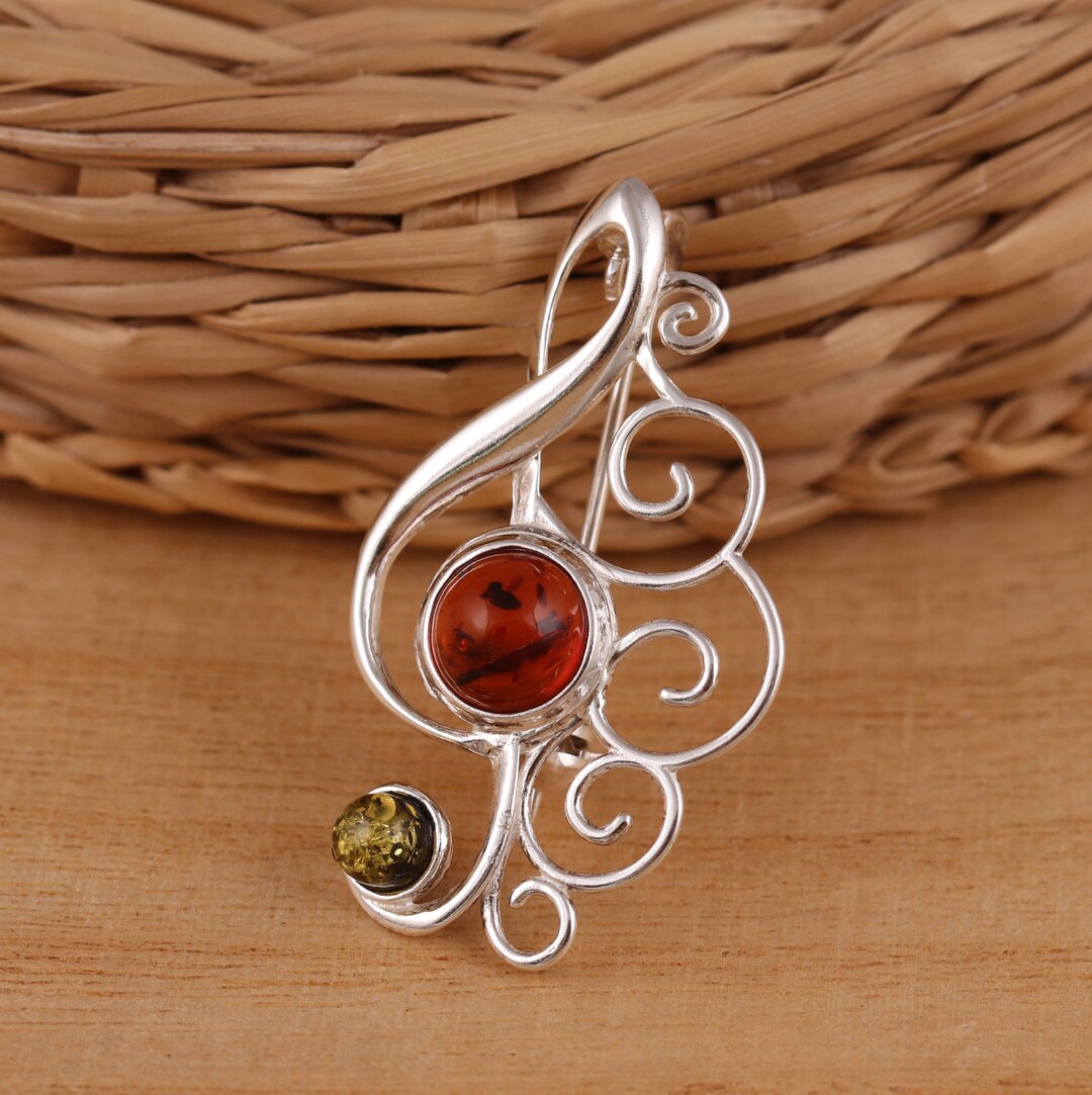 Baltic Amber 925 Sterling Silver Treble Clef Music Note Brooch Pin ...
