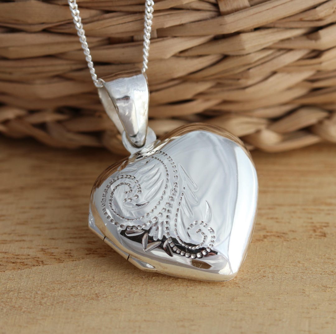 925 Sterling Silver Engraved Heart Photo Locket Pendant Necklace Curb ...