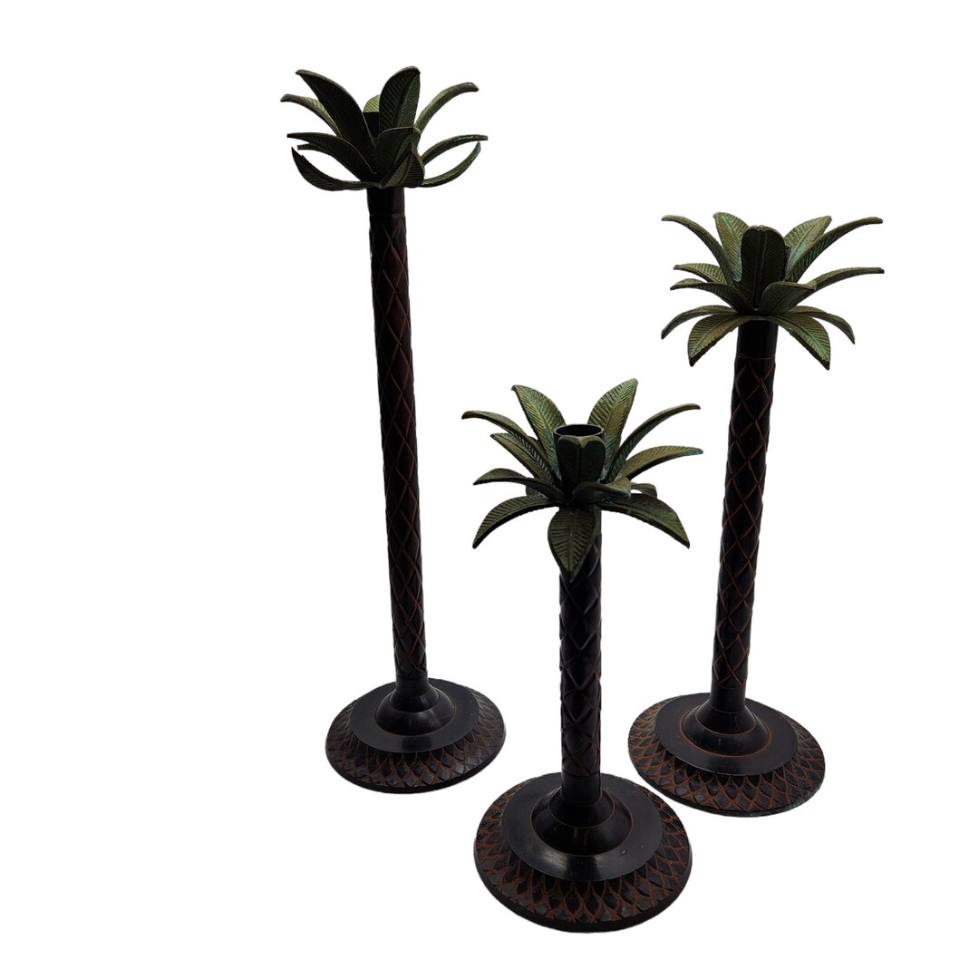 Vintage Brass and Copper Color Palm Tree Candle Holder Candle Stick Set ...