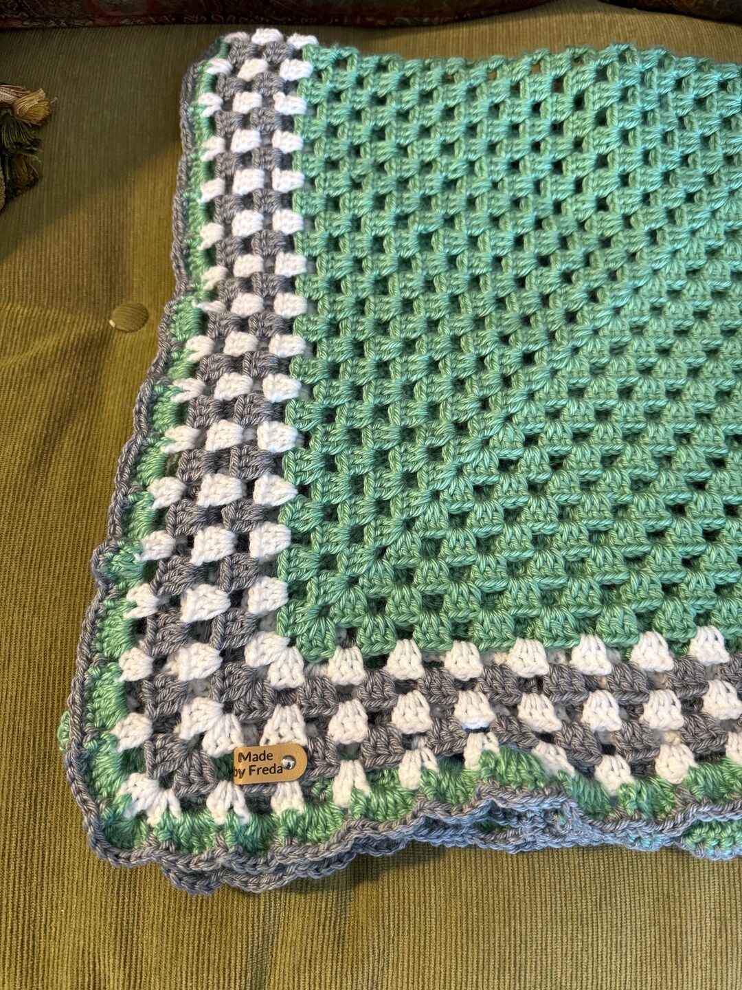 Sage Green Crochet Baby Blanket: Granny Square With Gray Border - Etsy