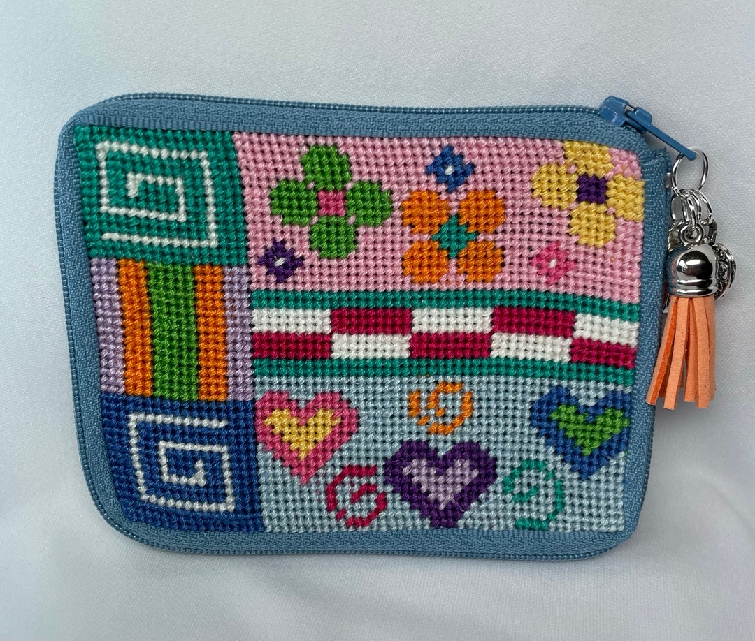 A Finished Needlepoint Coin Purse With Flowers and Heart, With a Peach ...
