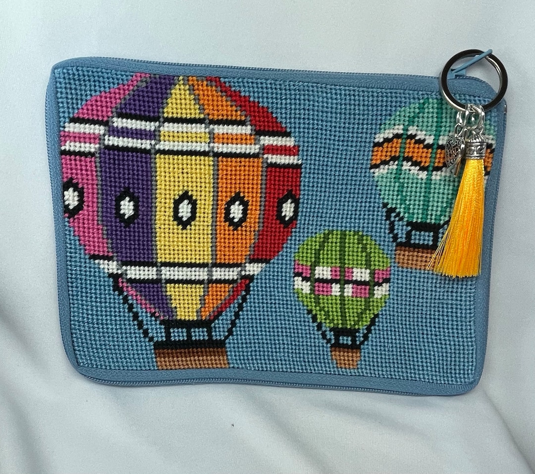 A Completed Colorful Hot Air Balloon Needlepoint Purse/cosmetic Bag. It Has a Bright Yellow ...