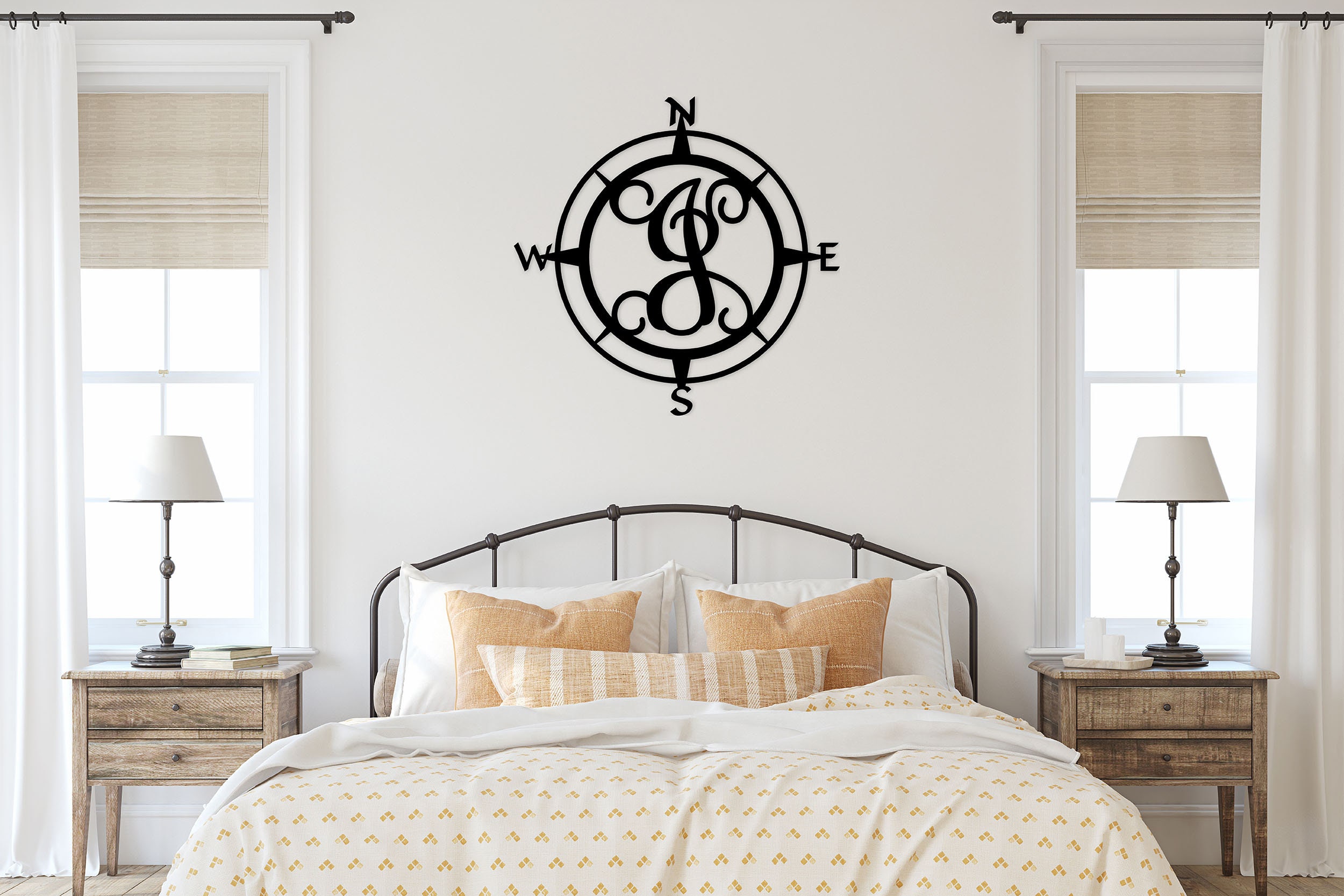 Compass Monogram Metal Sign, Metal Wall Art Words, Sign for Home With ...