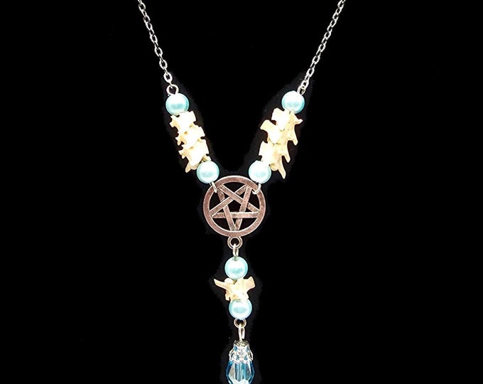 Blue Pentagram and Snake Vertebrae Necklace, Bone Pendant Necklace ...