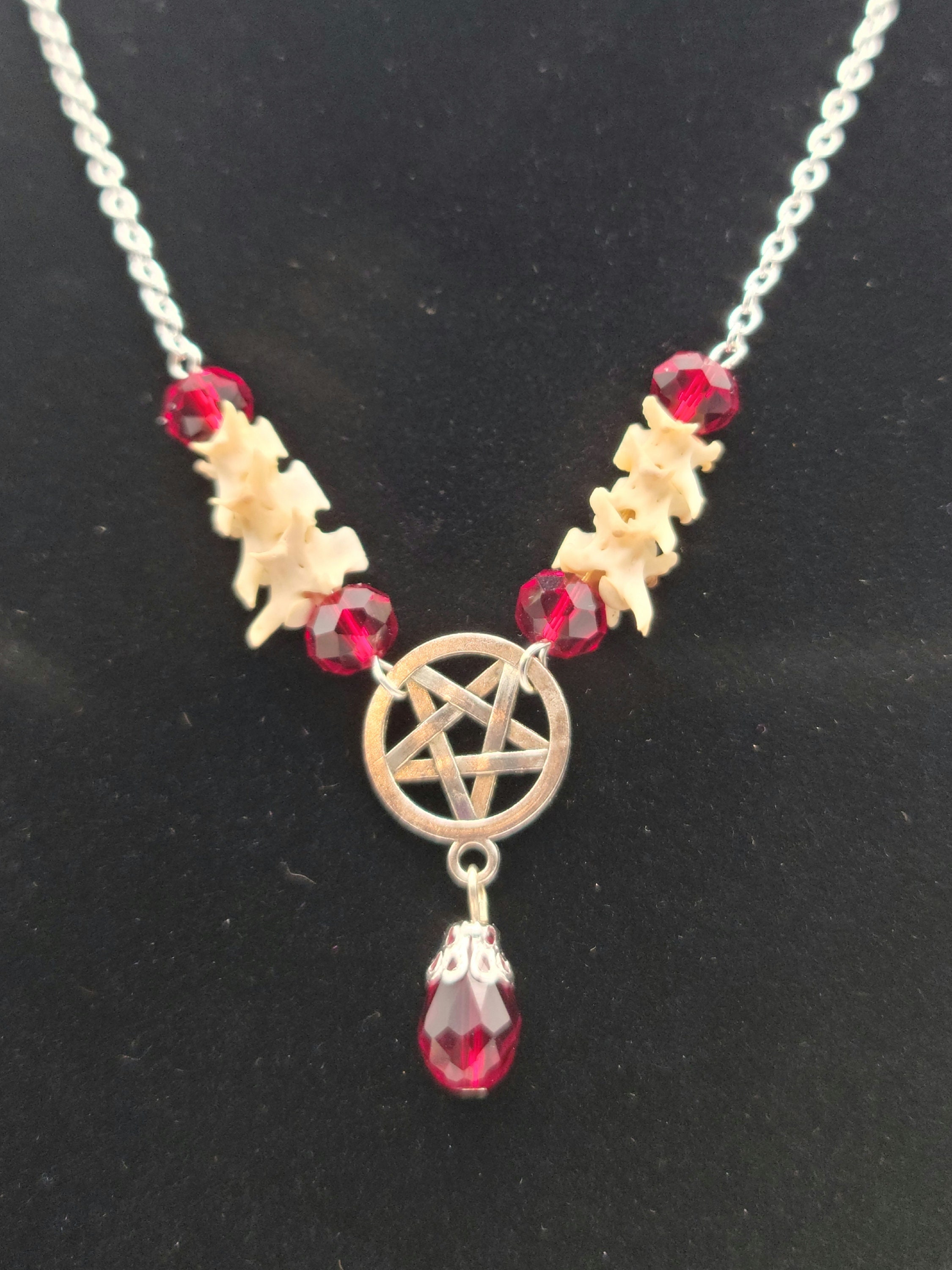 Red Pentagram Snake Vertebrae Bone Pendant Necklace With Glass - Etsy