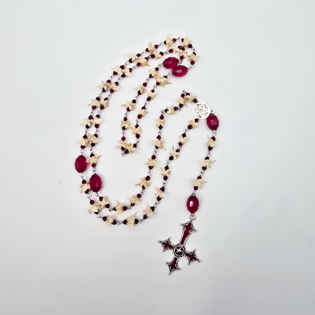 Red Snake Bone Rosary, Upside Down Cross Gothic Bone Rosary, Snake ...