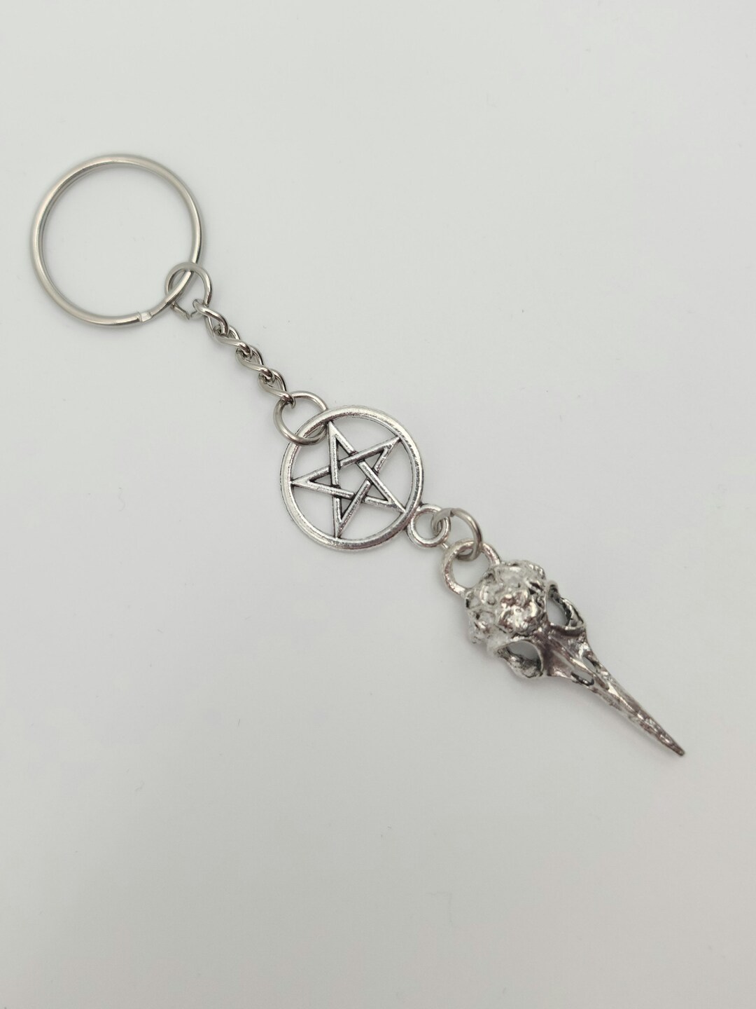 Silver Bird Skull and Pentagram Keychain, Cyberpunk Gift, Goth ...