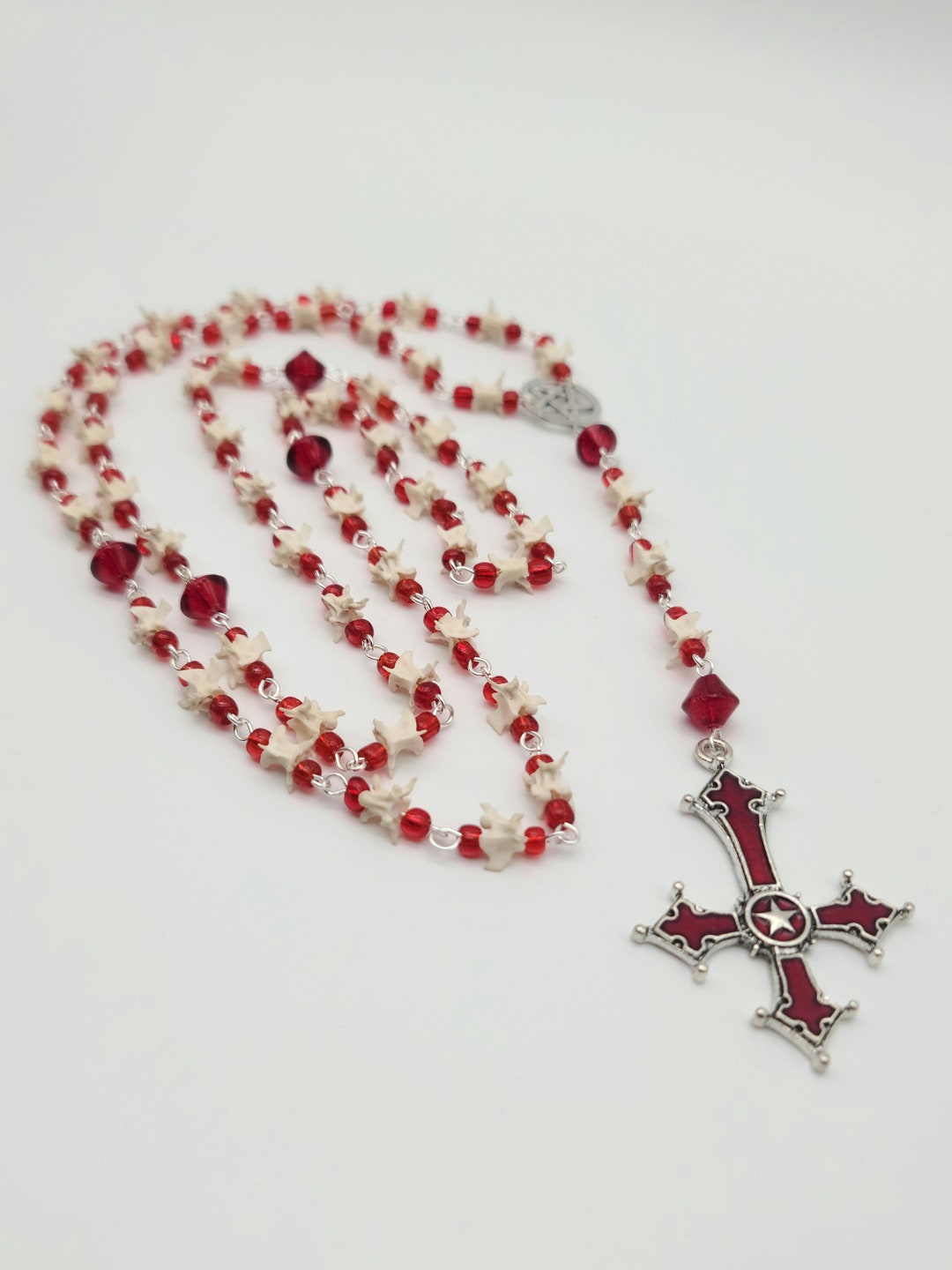 Red Snake Bone Rosary, Upside Down Cross Gothic Bone Rosary, Snake ...