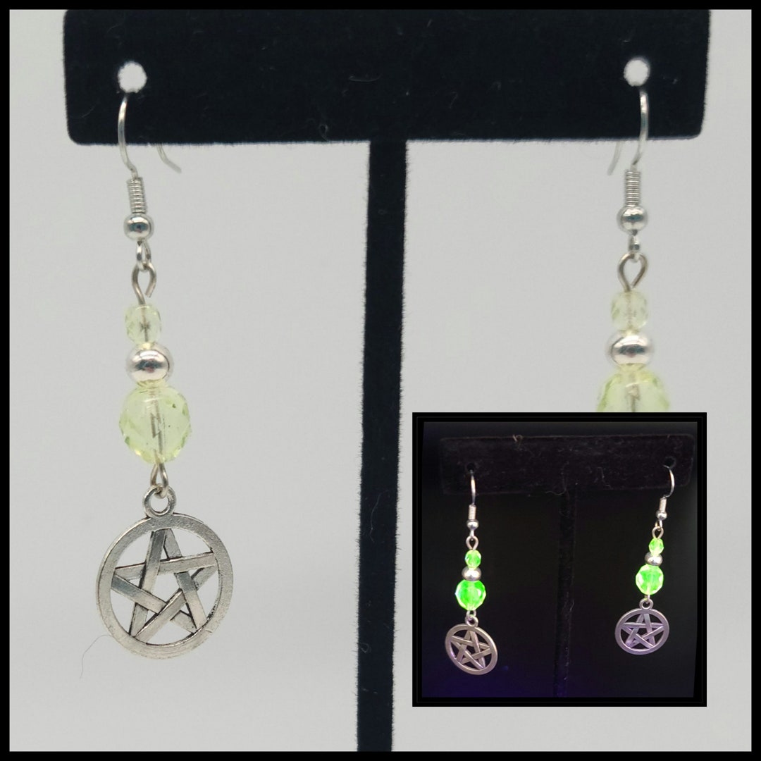 Pentagram Charm Beaded Uranium Glass Earrings, Vaseline Glass Jewelry ...