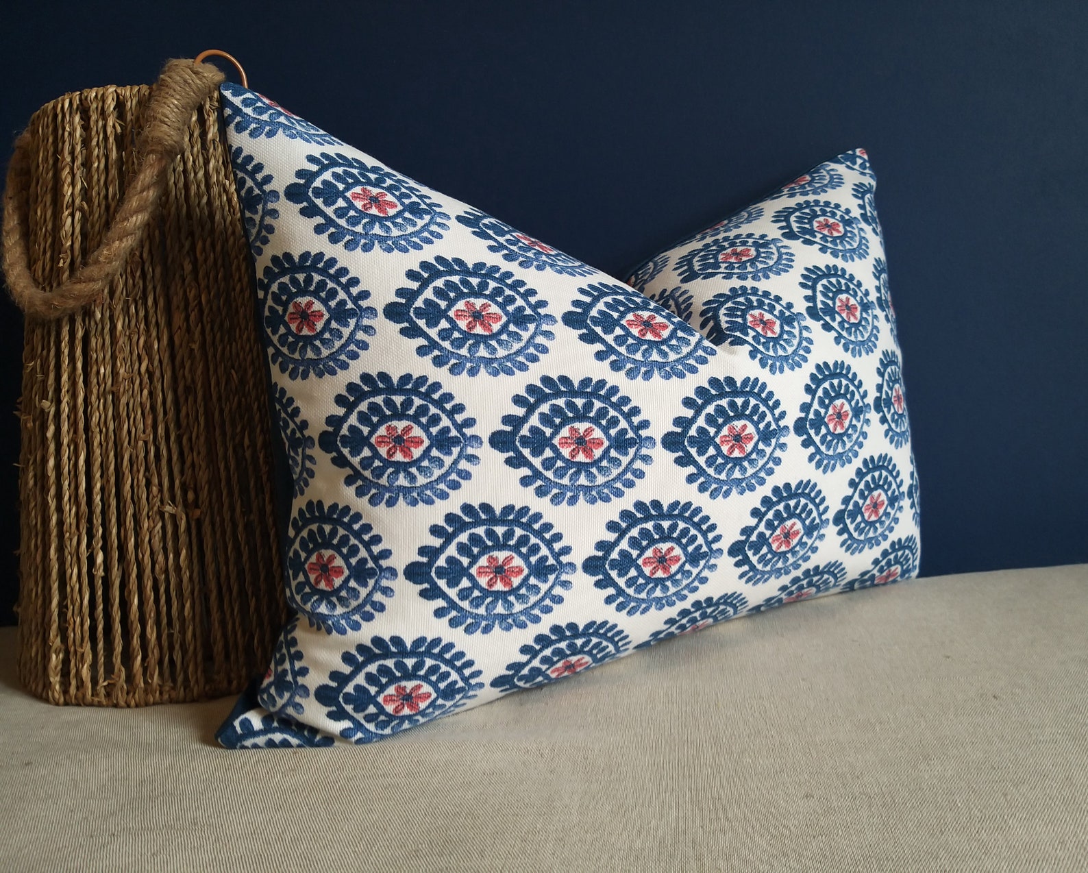 Navy Blue With Coral Red Flower Pattern Cushion Cover /marine Blue ...