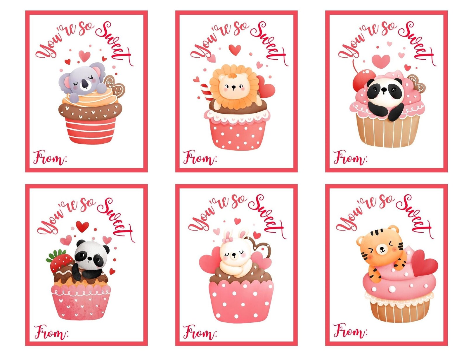 You're so Sweet Cupcake Animal Valentine-printable - Etsy