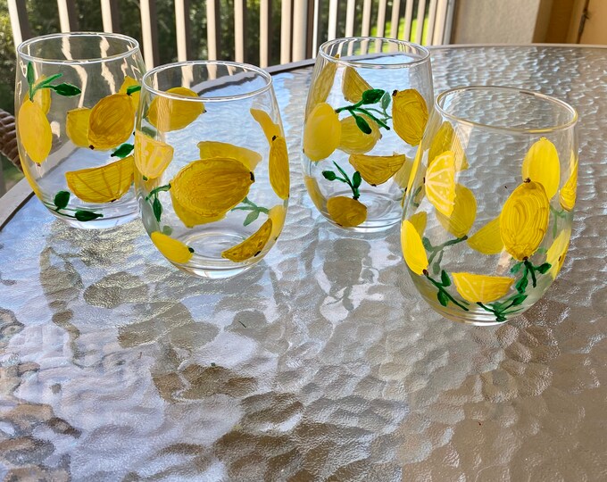 Hand Painted Margarita Glasses, Lemons Margarita, Painted Lemons Glass ...