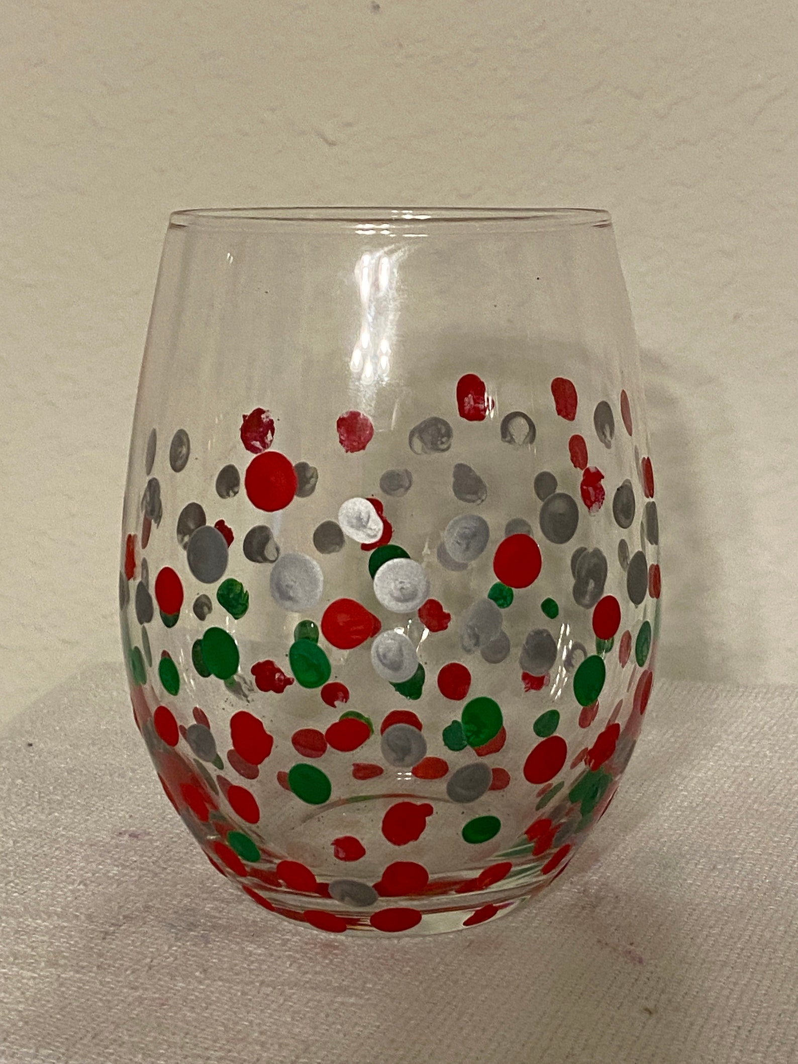 Stemless Wine Glass With Green, Red and Silver Dots - Etsy