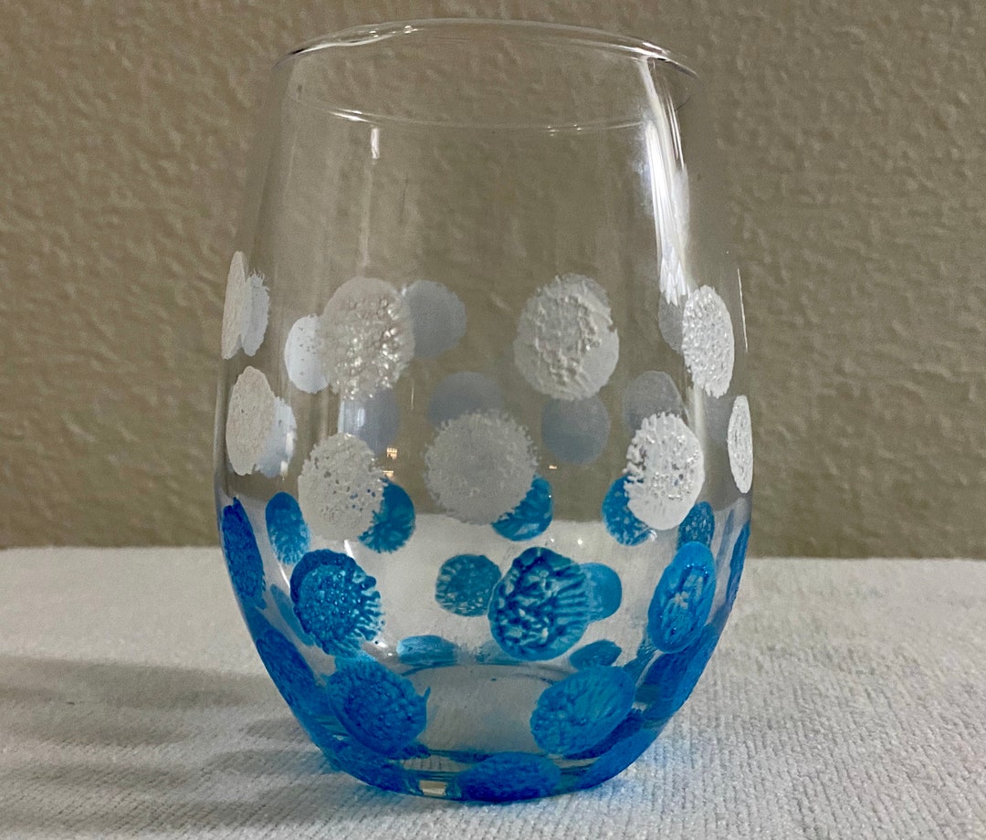 Painted Stemless Wine Glasses With Blue and White Dots. Perfect for a ...