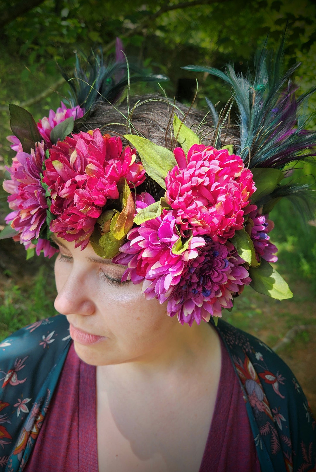 Forest Dream - Adult-size Flower Crown, Large Flowers, Pink, Green ...