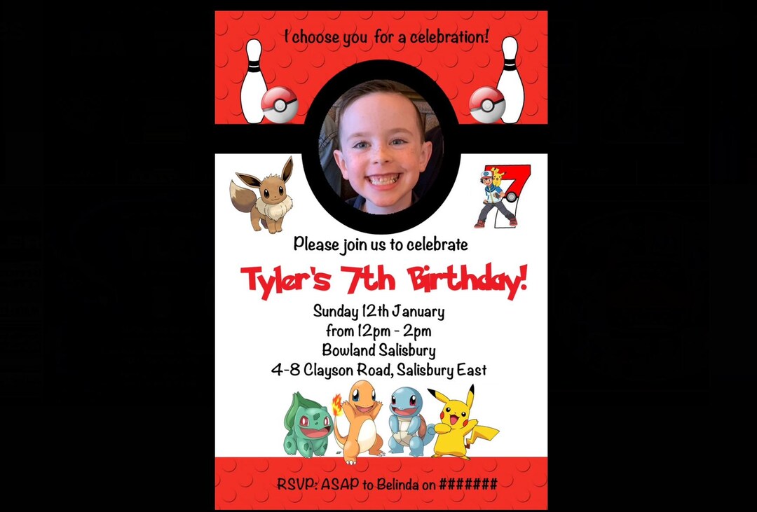 Pokemon Kids Bowling Birthday Party Invitation Personalised Photo ...