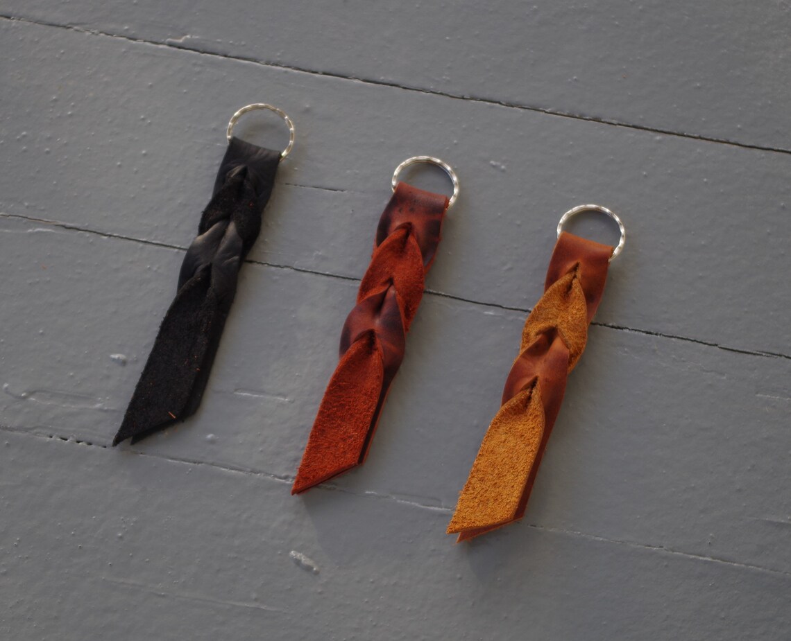 Leather Braided Keychain/full Grain Leather. Key Fob. Silver Key Ring ...